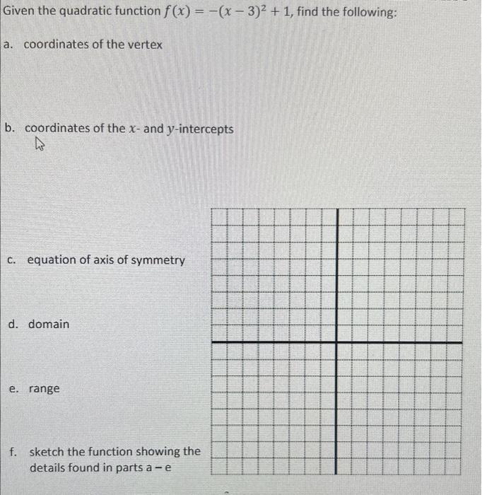 Solved Given the quadratic function f(x)=−(x−3)2+1, find the | Chegg.com
