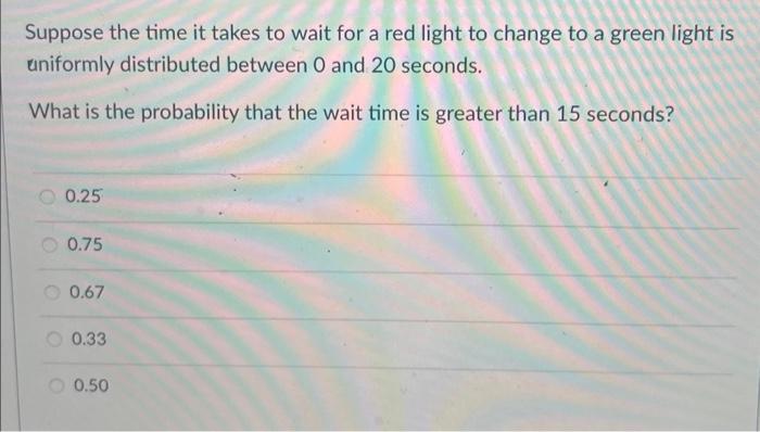 Solved Suppose the time it takes to wait for a red light to | Chegg.com Solved Suppose the time it takes to wait for a red light to | Chegg.com