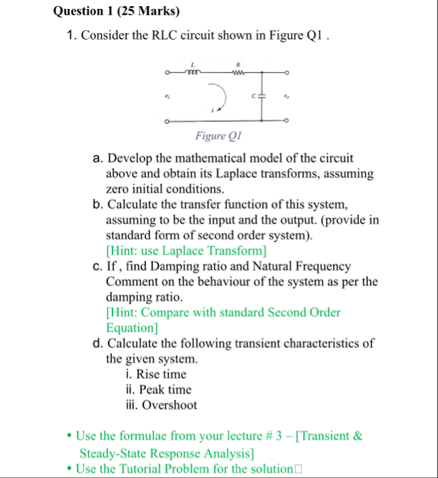 Solved Question 1 ( 25 ﻿Marks)Consider the RLC circuit shown | Chegg.com