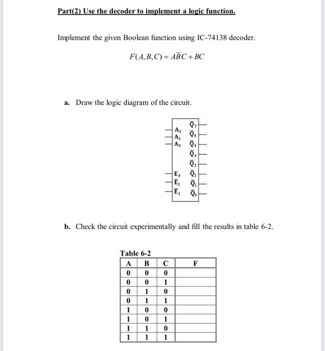 Solved Part(2) Use the decoder to implement a logic | Chegg.com