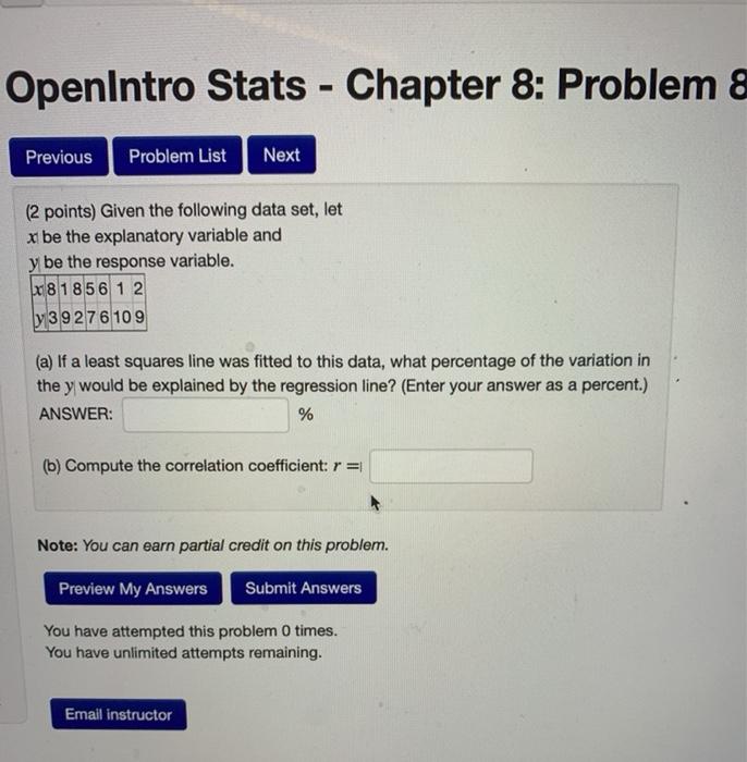 Solved OpenIntro Stats - Chapter 8: Problem & Previous | Chegg.com