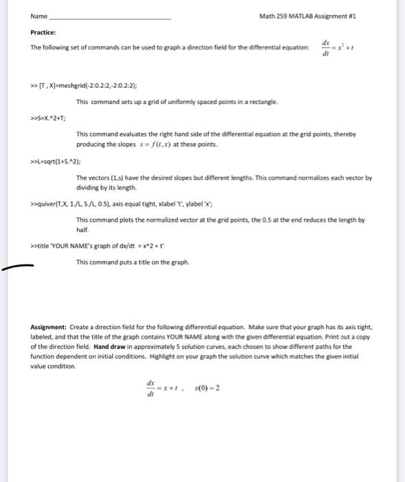 Solved Name Math 259 Matlab Assignment 1 Practice The 1938