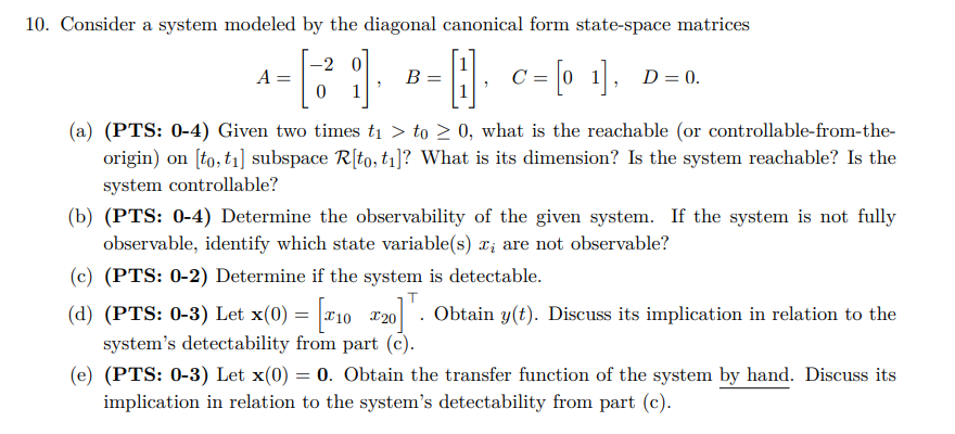 Solved Consider a system modeled by the diagonal canonical | Chegg.com