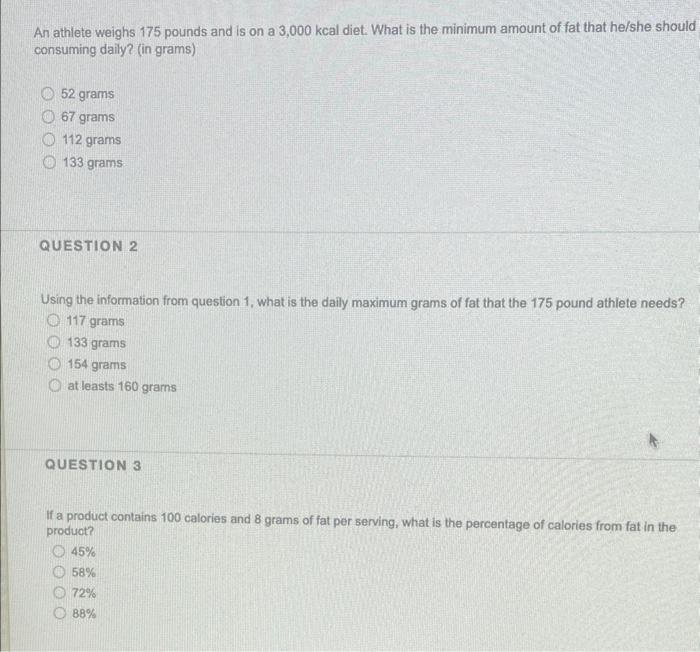 Solved An athlete weighs 175 pounds and is on a 3,000kcal | Chegg.com