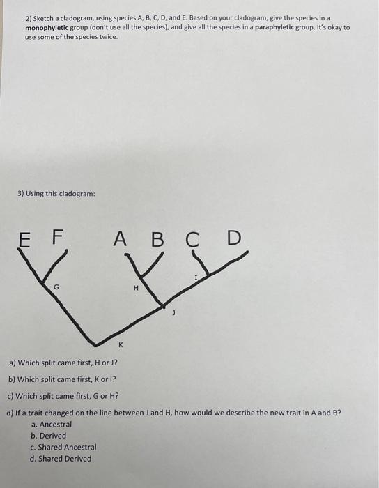 Solved 2) Sketch a cladogram, using species A, B, C, D, and | Chegg.com