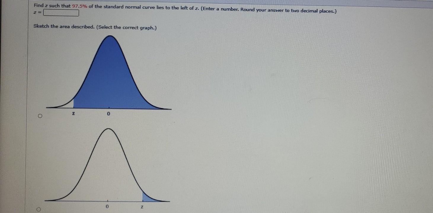 Solved Find z such that 97.5% of the standard normal curve | Chegg.com