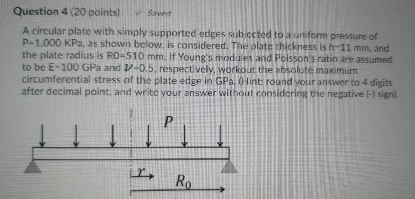 Solved Question 1 (20 points) Saved A circular plate with | Chegg.com