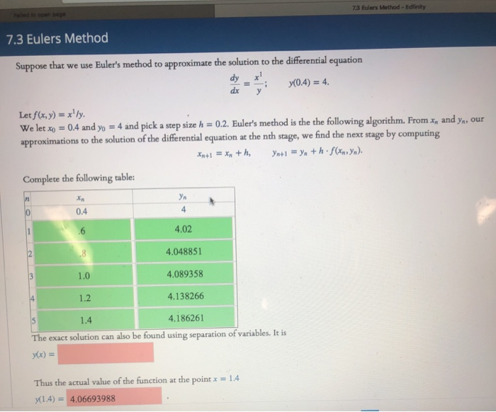 Solved DAge 73 Eulers Method - Edfinity 7.3 Eulers Method | Chegg.com