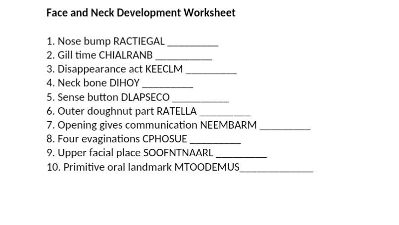 Solved Face and Neck Development Worksheet 1. Nose bump | Chegg.com