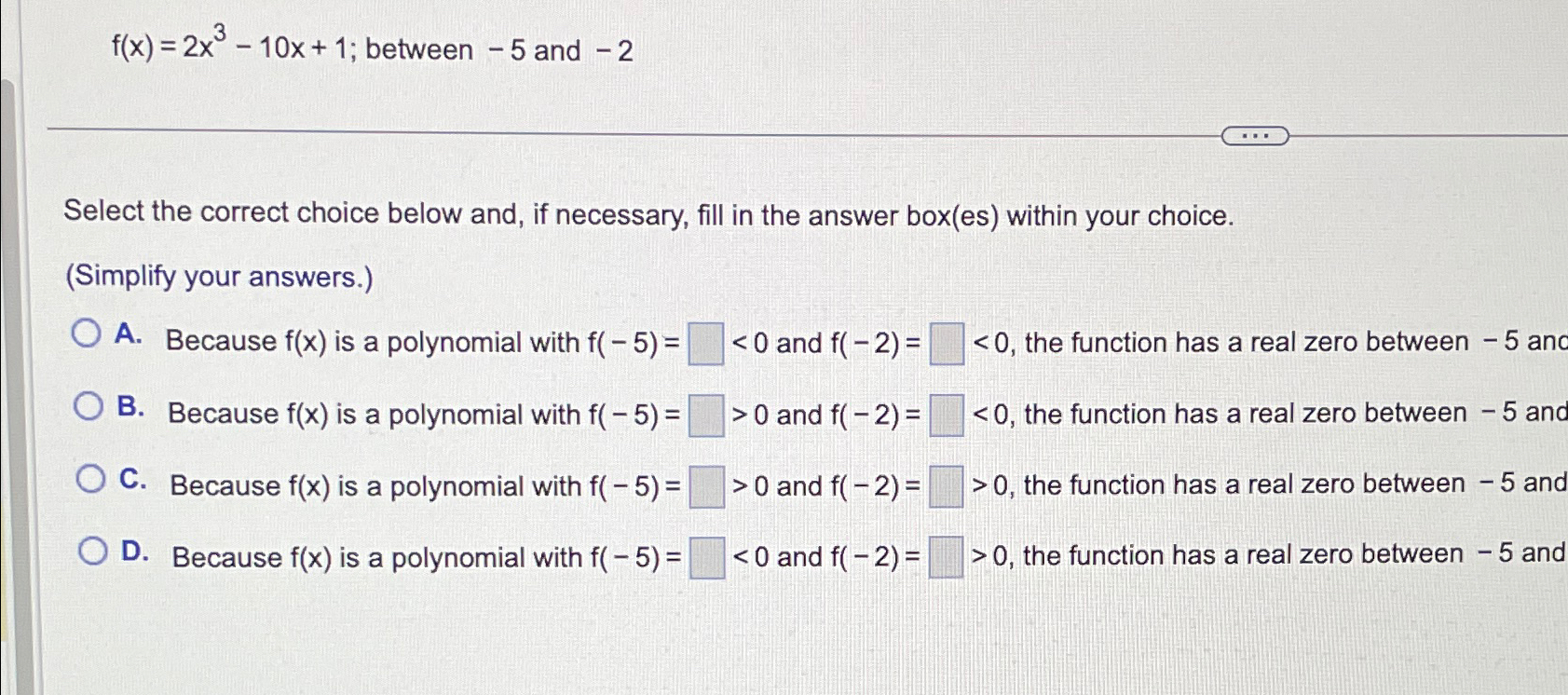 Solved f(x)=2x3-10x+1; between -5 ﻿and -2Select the correct | Chegg.com