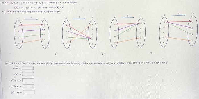 Solved Let X={1,2,3,4} and Y= a,b,c,d,e}. Define g:X→Y as | Chegg.com