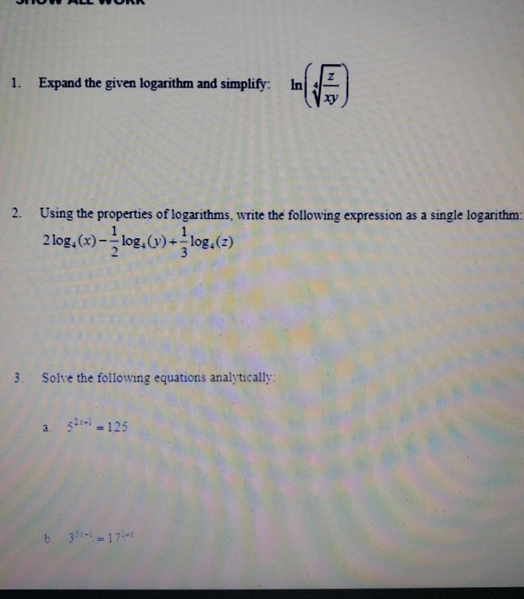 Solved 1. Expand the given logarithm and simplify: In w 2. | Chegg.com