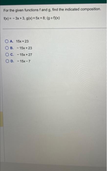 Solved For the given functions f and g, find the indicated | Chegg.com