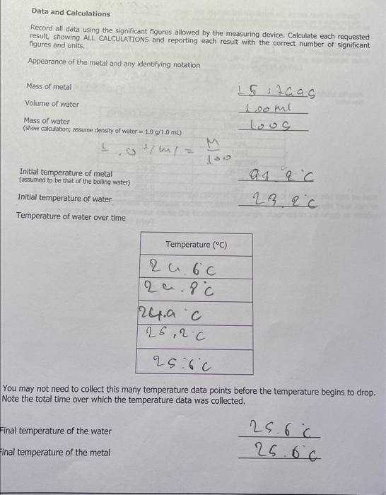 Data and Calculations Record all data using the | Chegg.com