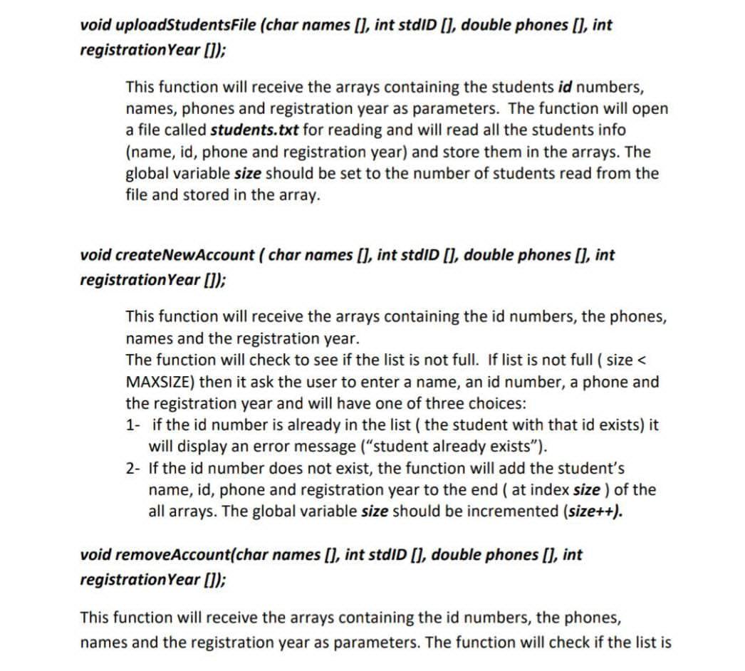 Solved void uploadStudents File (char names [], int stdiD | Chegg.com