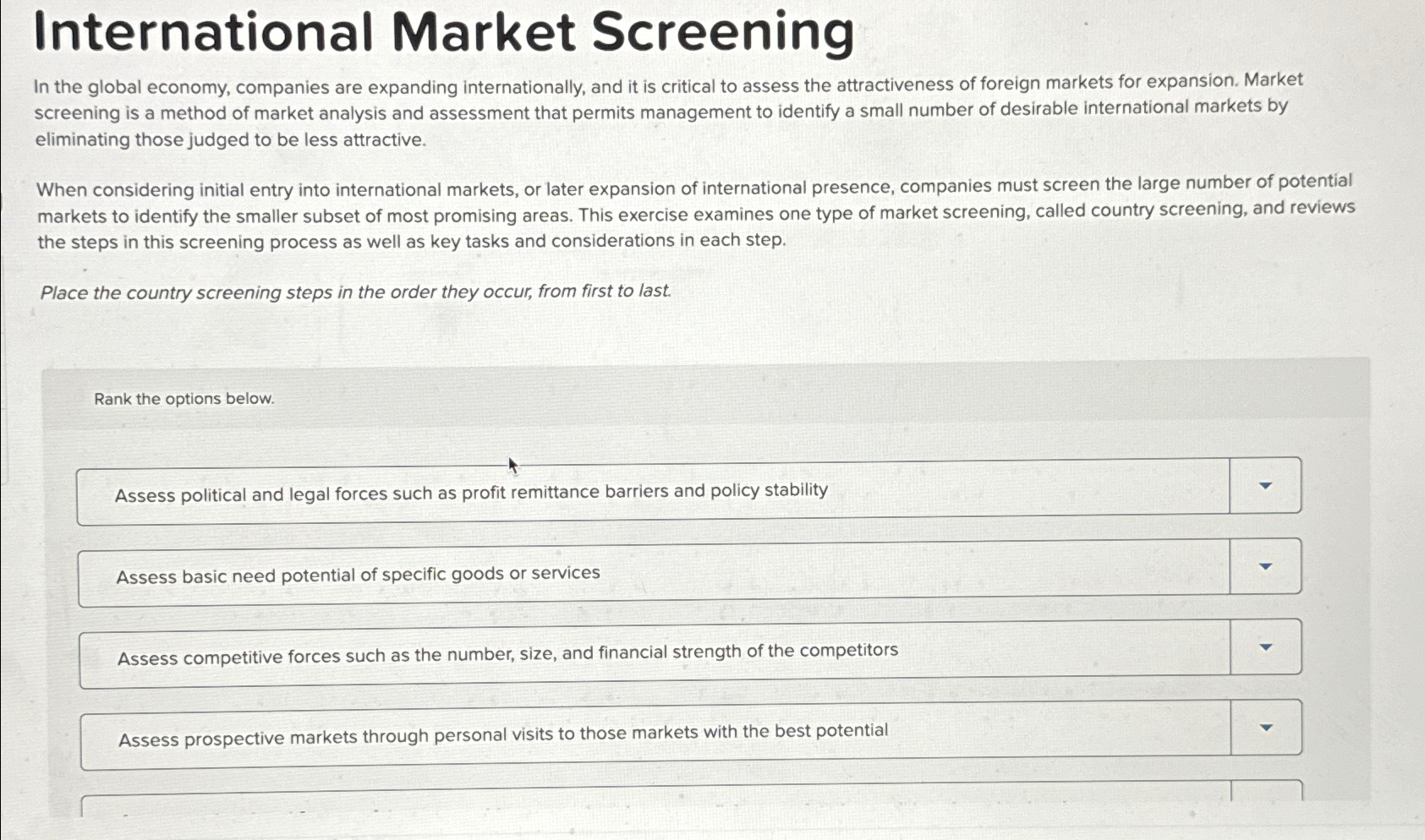 Solved International Market ScreeningIn the global economy, | Chegg.com