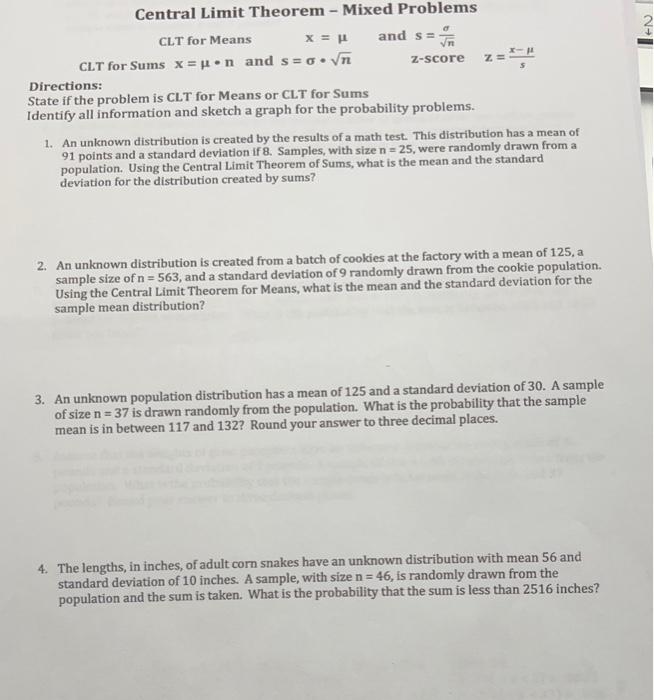 Solved CLT for Sums x=μ⋅n and s=σ⋅n z-score z=sx−μ | Chegg.com