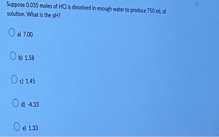Solved Suppose 0.035 moles of HCl is dissolved in enough | Chegg.com