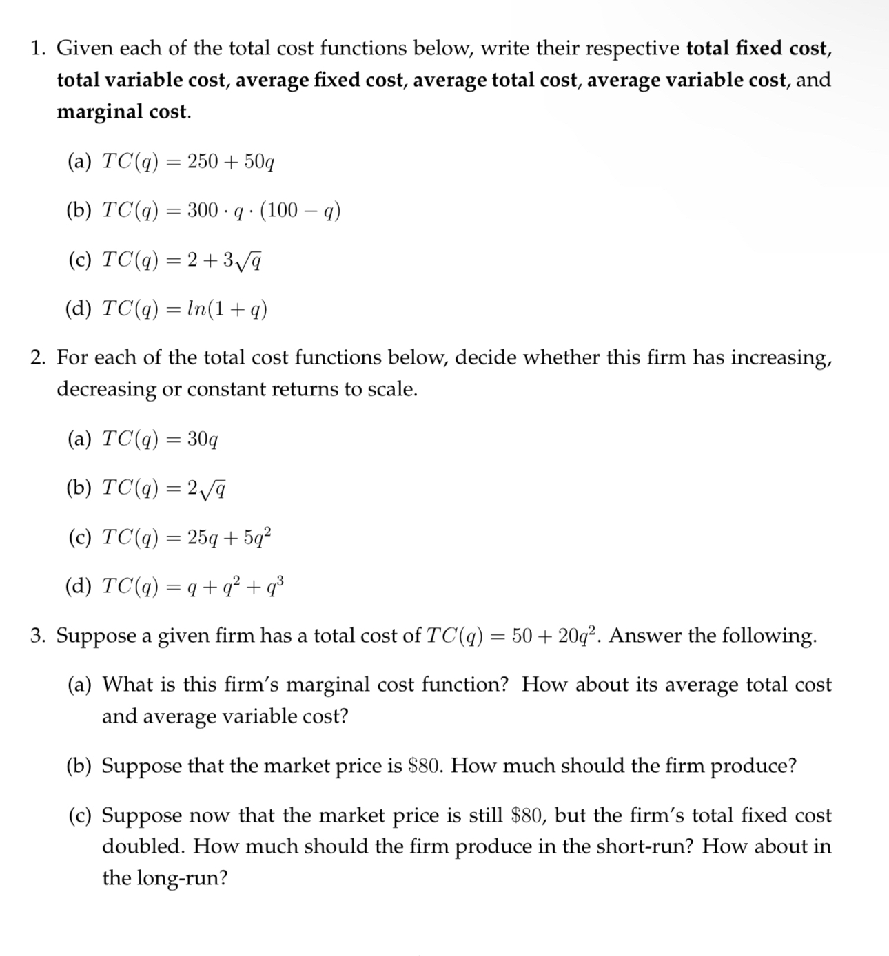 Solved Given each of the total cost functions below, write | Chegg.com
