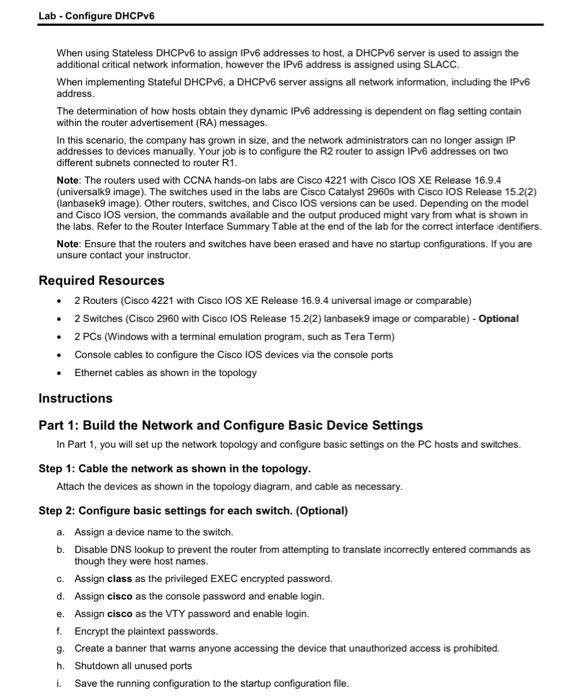 Lab - Configure DHCPv6 Topology Addressing Table | Chegg.com