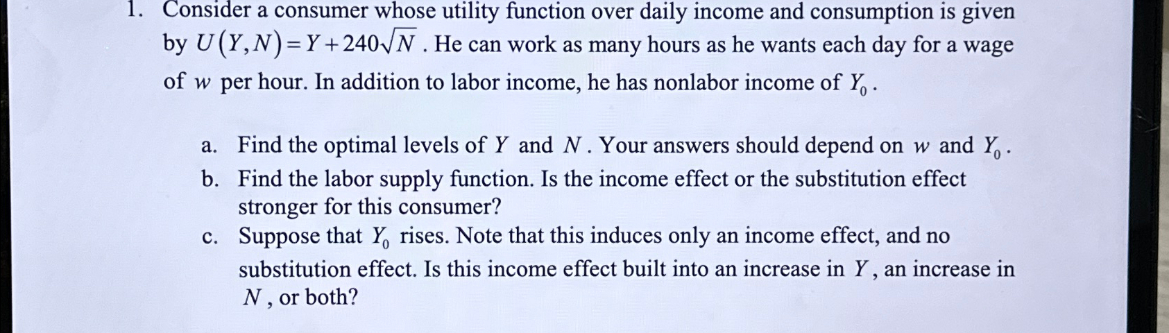 Solved Consider a consumer whose utility function over daily | Chegg.com