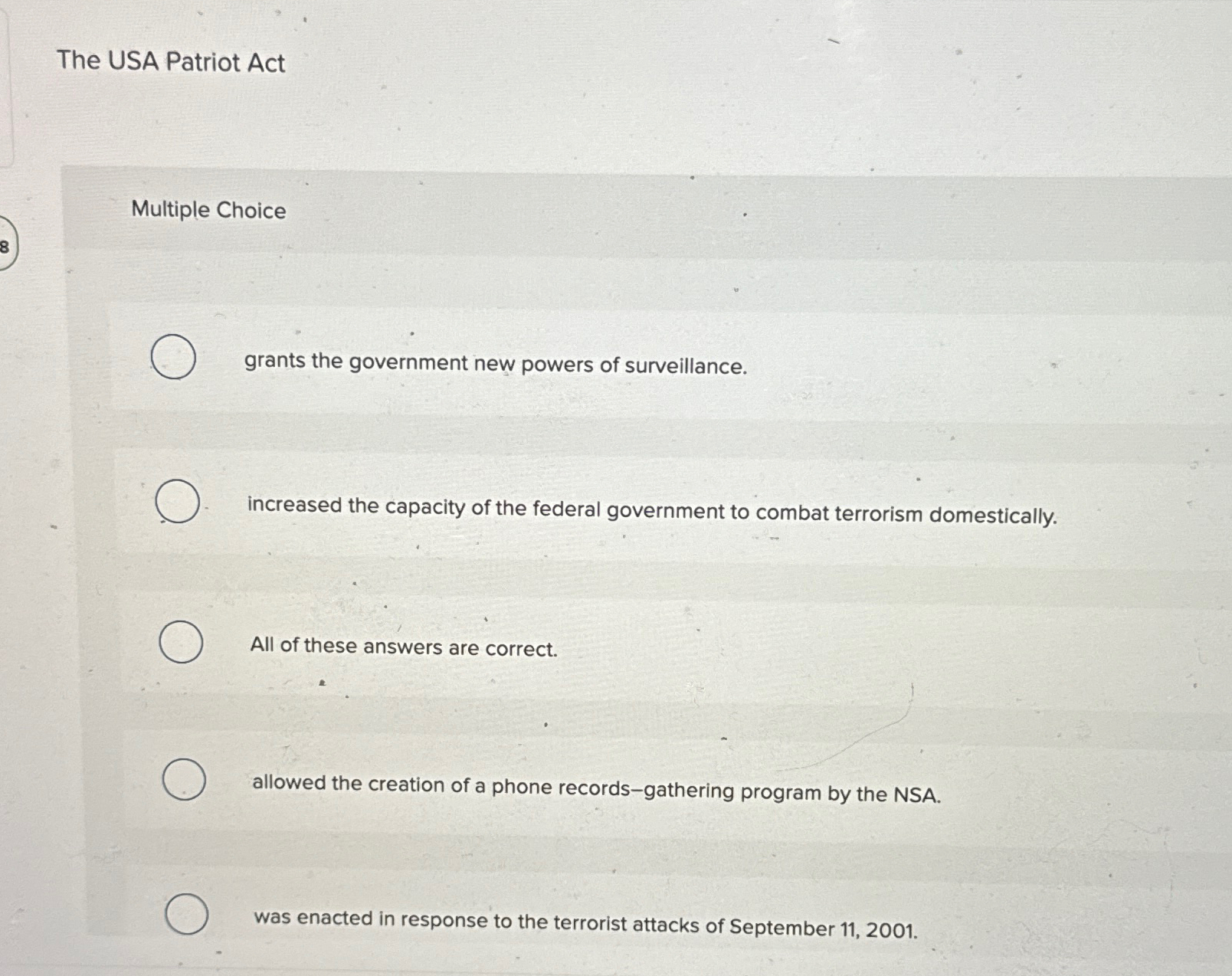 Solved The USA Patriot ActMultiple Choicegrants the | Chegg.com