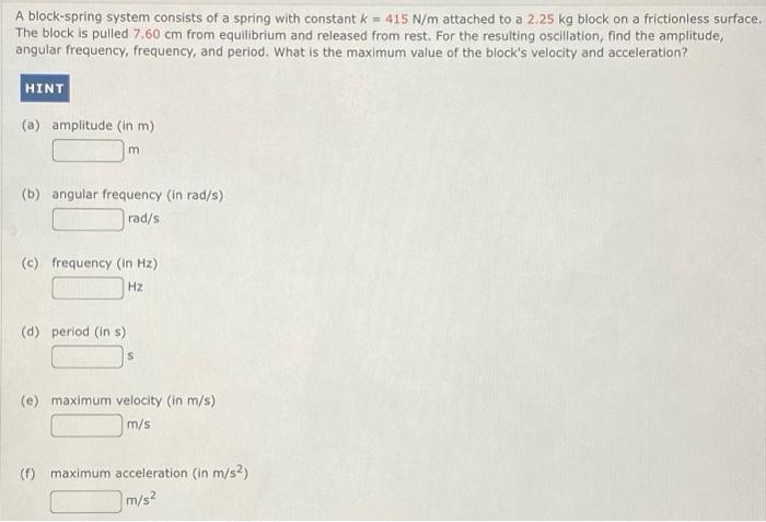 Solved A block-spring system consists of a spring with | Chegg.com