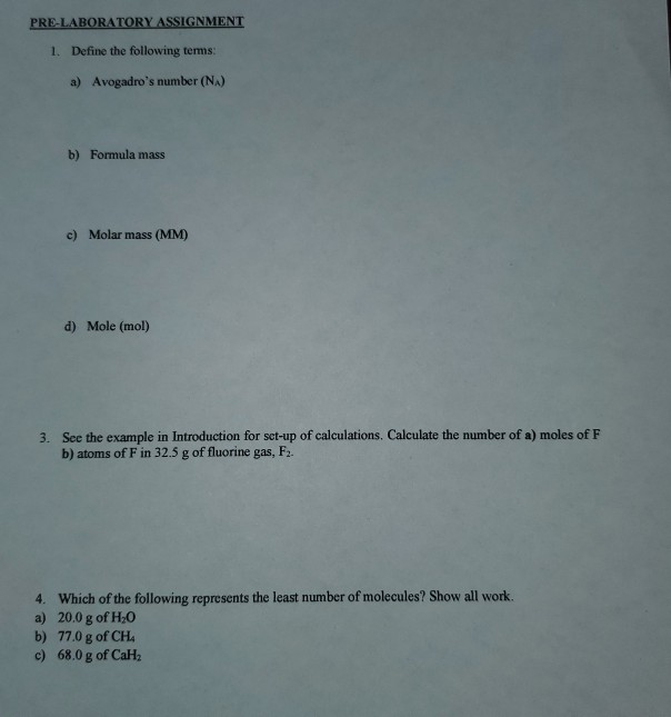 Solved PRE-LABORATORY ASSIGNMENT 1. Define the following | Chegg.com