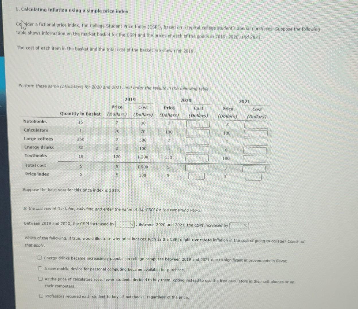 Solved 1. Calculating inflation using a simple price index | Chegg.com