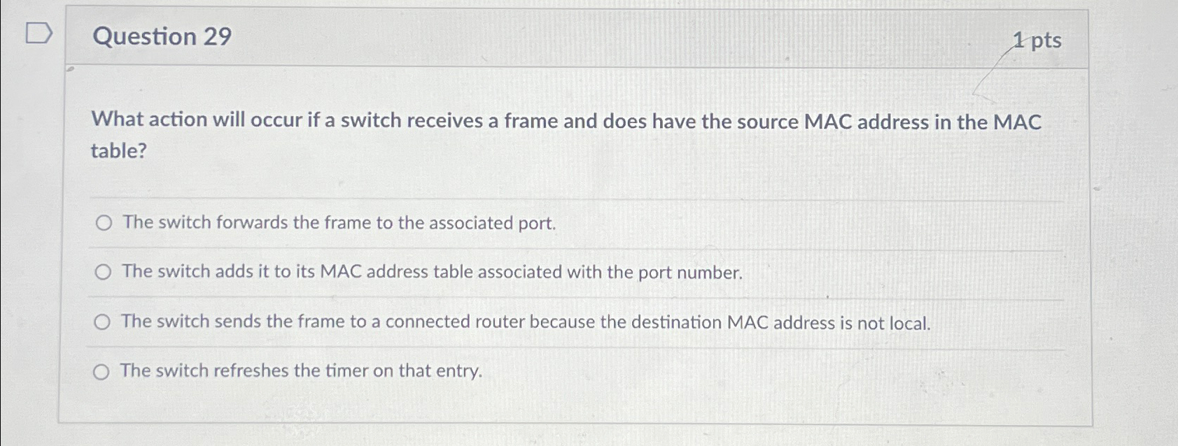 Solved Question 291 ﻿ptsWhat action will occur if a switch | Chegg.com