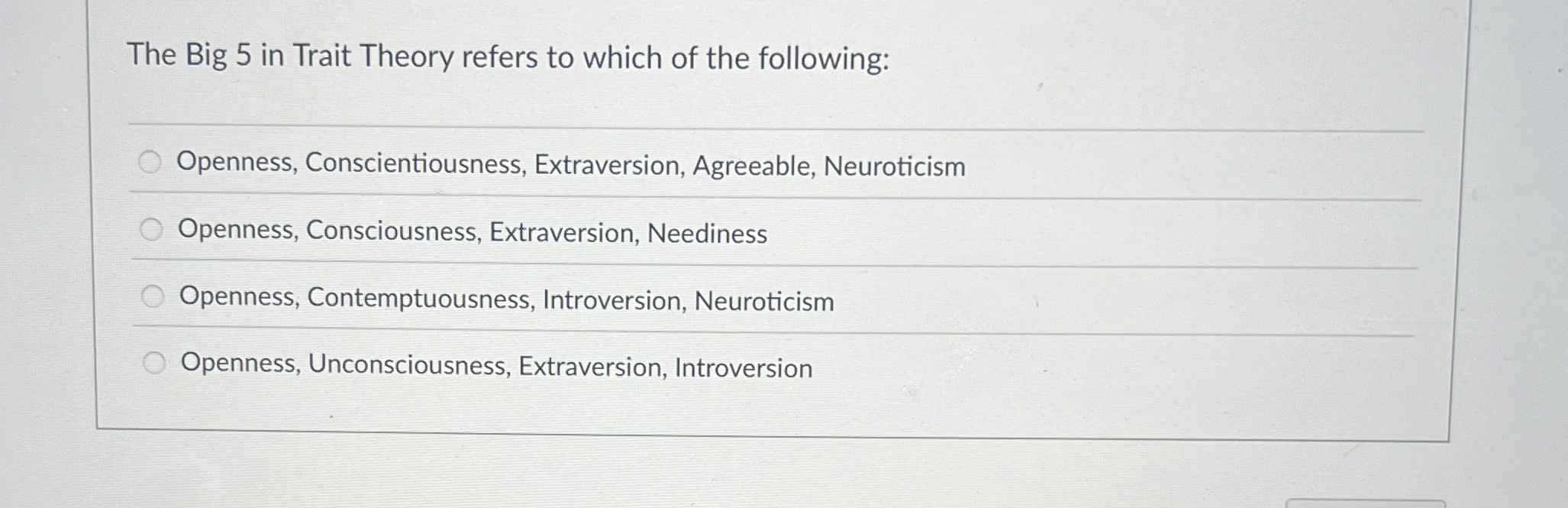 Solved The Big 5 ﻿in Trait Theory refers to which of the | Chegg.com
