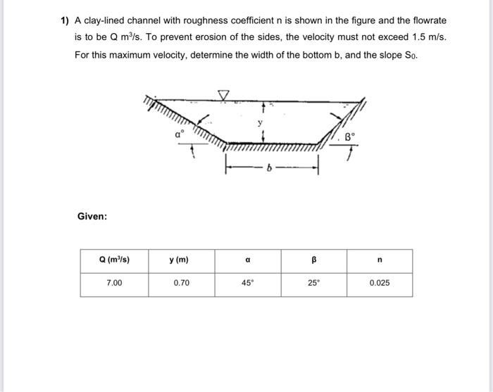 Solved 1) A clay-lined channel with roughness coefficient n | Chegg.com