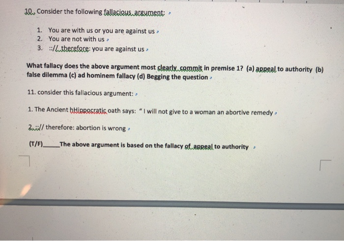 10. Consider the following fallacious argument: 1. | Chegg.com