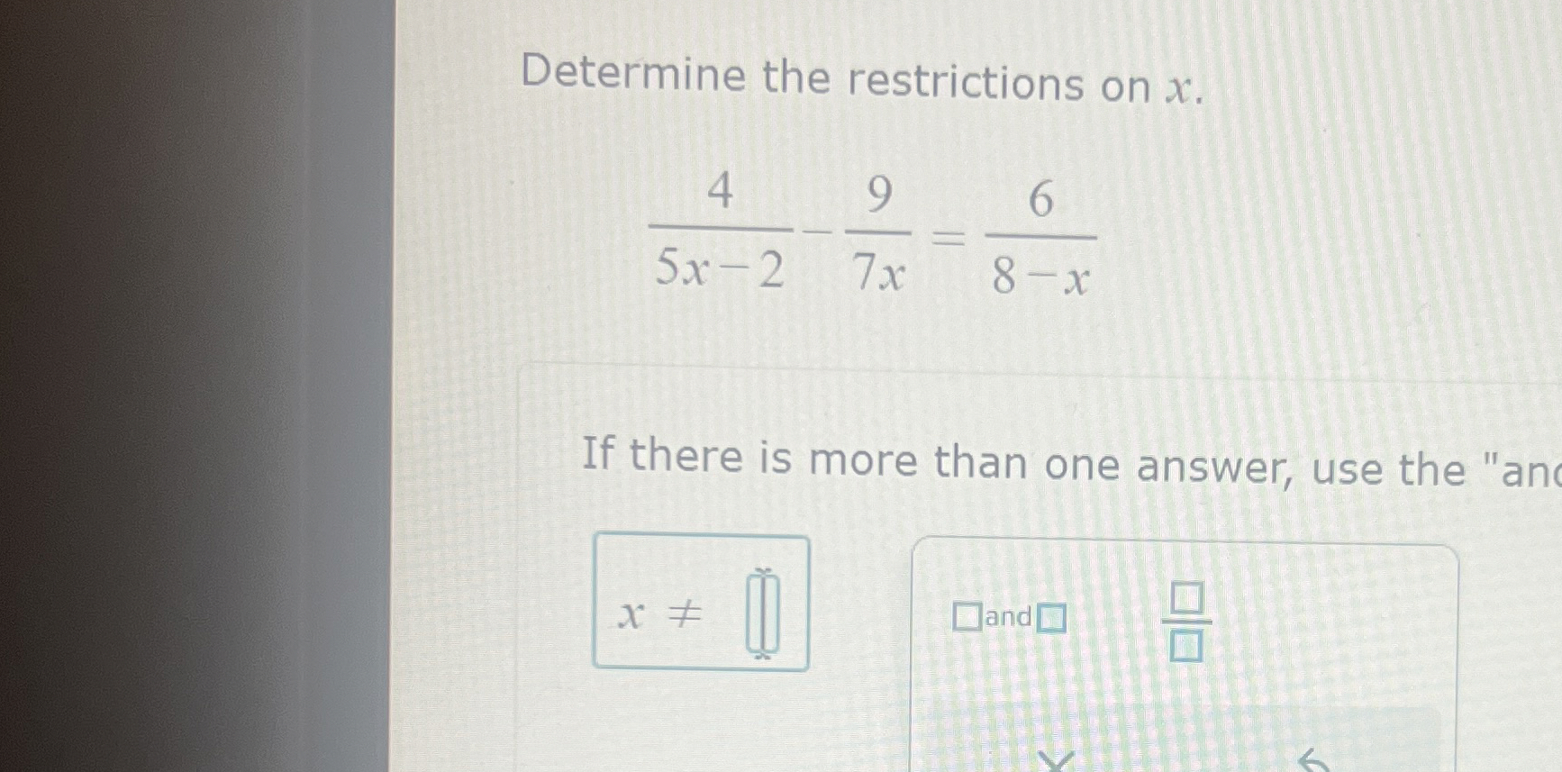 Solved Determine the restrictions on x.45x-2-97x=68-xIf | Chegg.com