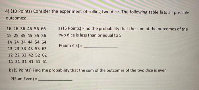 Solved 4) (10 Points) Consider the experiment of rolling two | Chegg.com