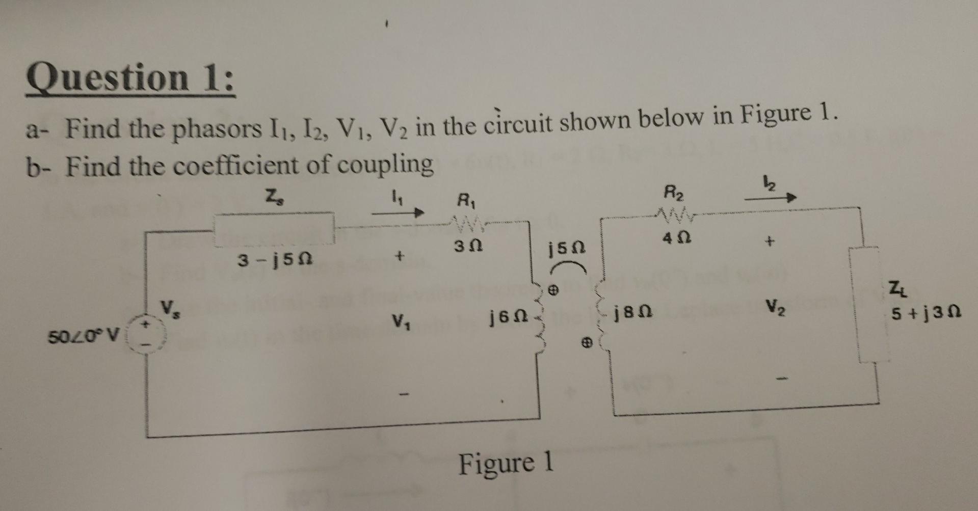 Solved Question 1: a- Find the phasors I1, I2, V1, V2 in the | Chegg.com