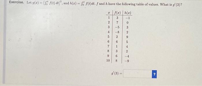 Solved Exercise. Let g(x) = [f f(t) dt]², and h(x) = fő | Chegg.com