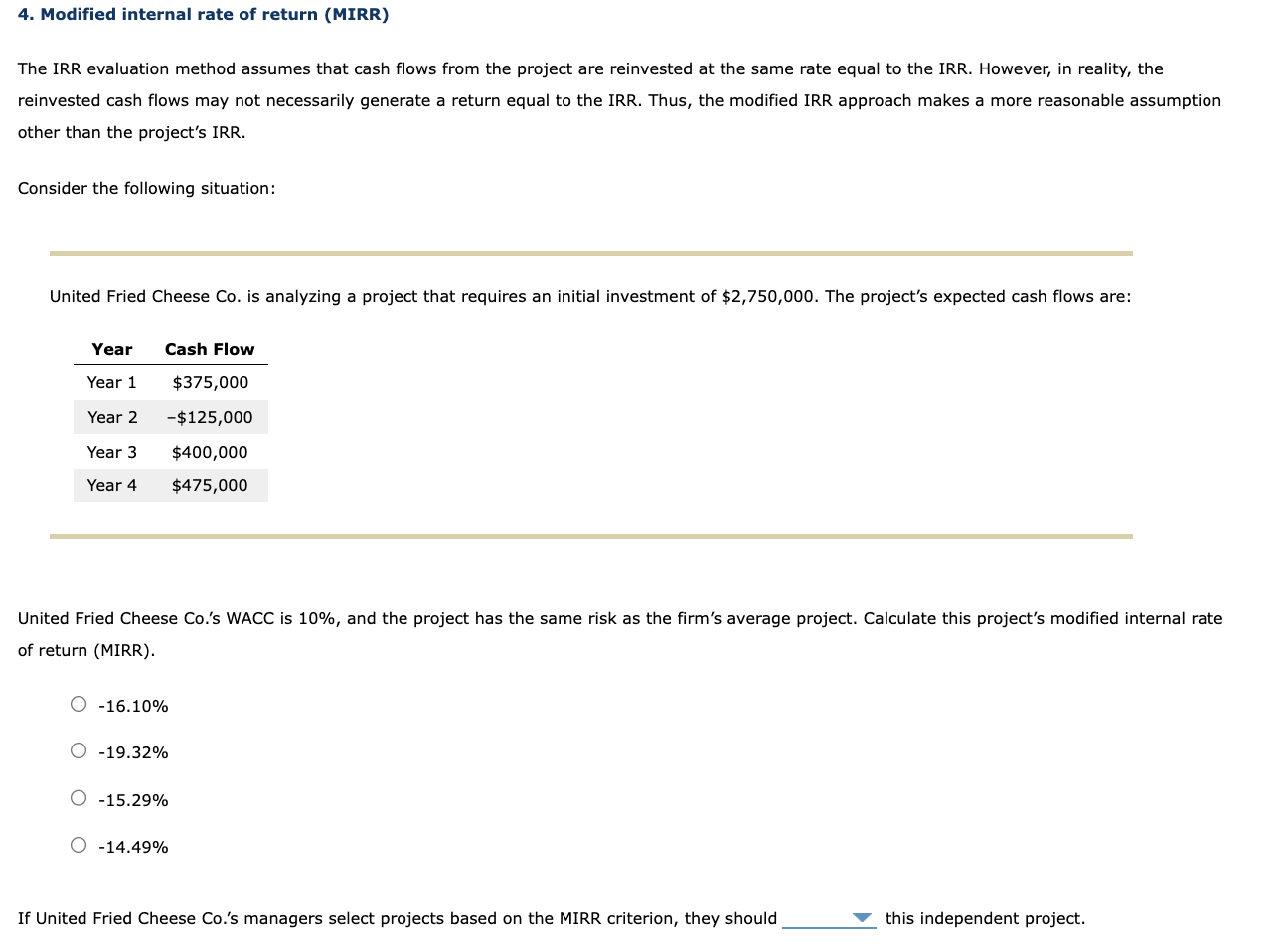 Solved Modified internal rate of return (MIRR)The IRR | Chegg.com