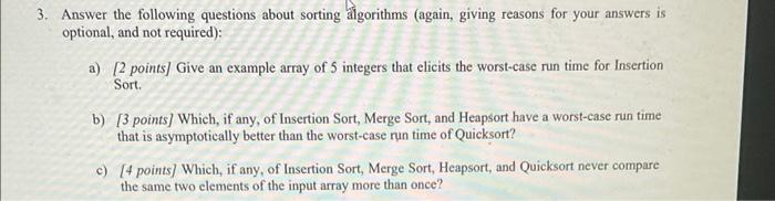 Solved 3. Answer the following questions about sorting | Chegg.com