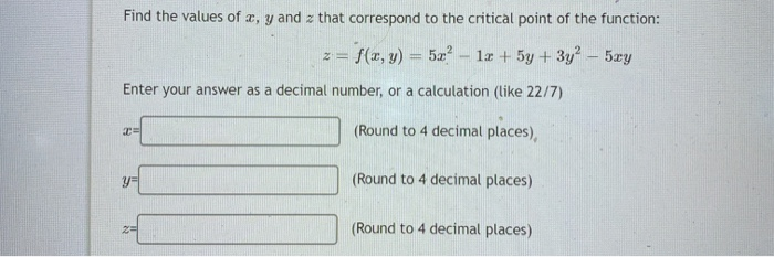 Solved Find the values of x, y and z that correspond to the | Chegg.com
