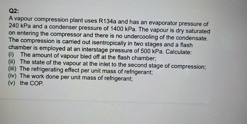 Solved Q2:A vapour compression plant uses R134a and has an | Chegg.com