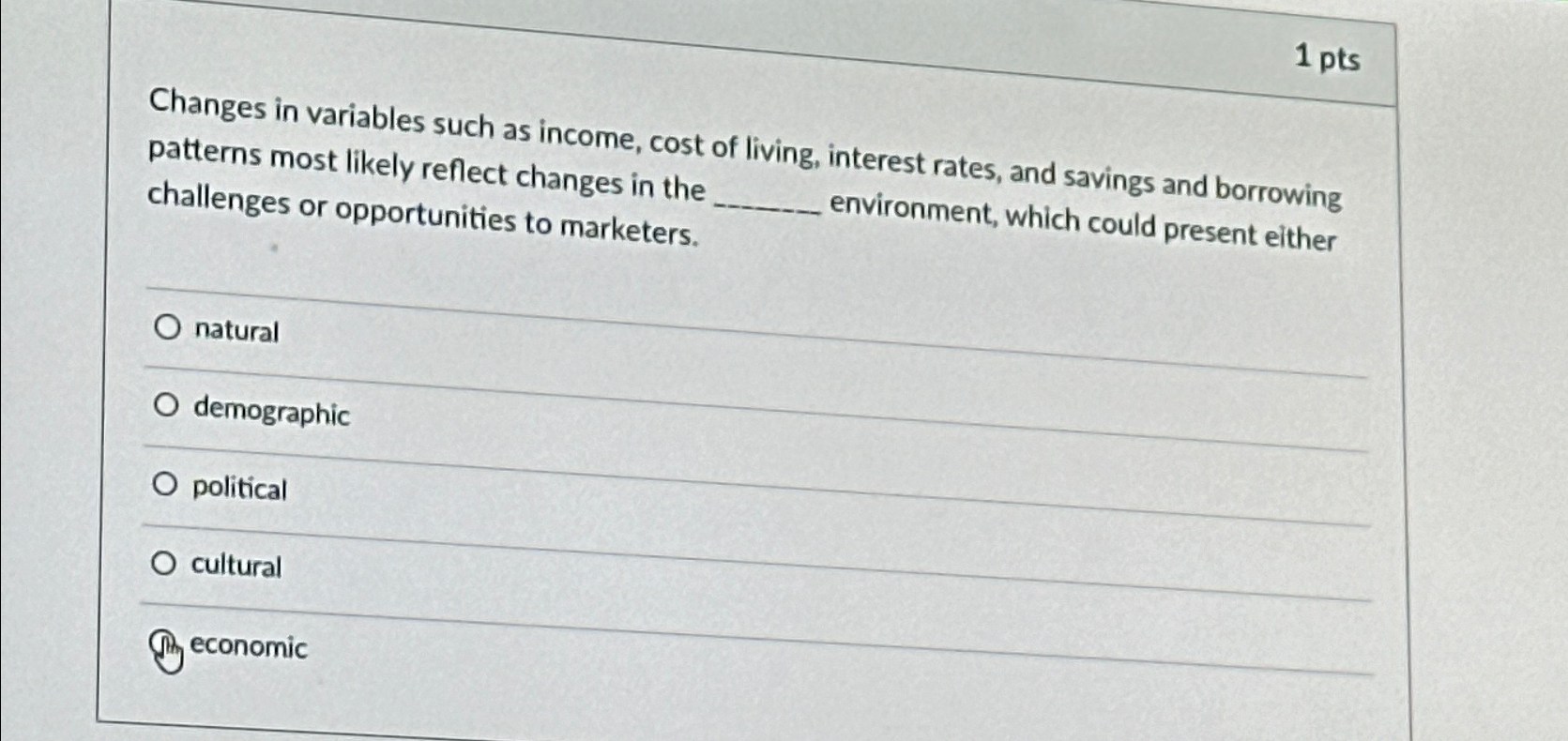 Solved 1 ﻿ptsChanges in variables such as income, cost of | Chegg.com