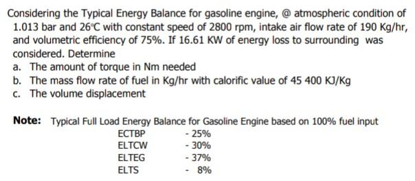 Solved Considering the Typical Energy Balance for gasoline | Chegg.com