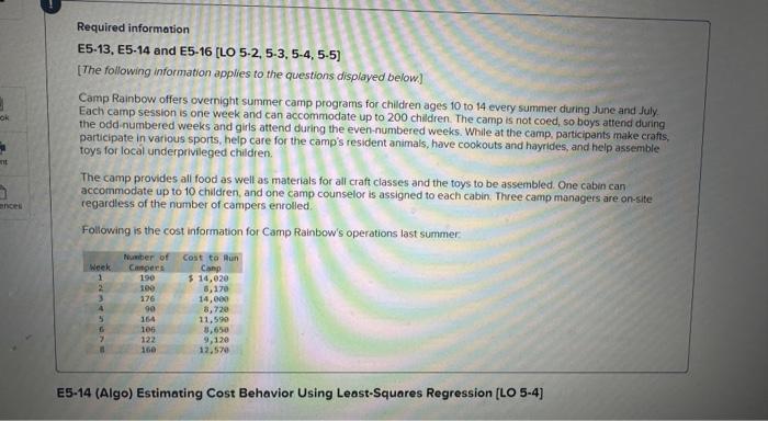 Required information E5-13, E5-14 and E5-16 [LO 5-2, | Chegg.com