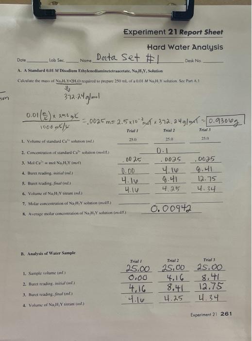 Solved Experiment 21 Report Sheet Hard Water Analysis Dorta | Chegg.com