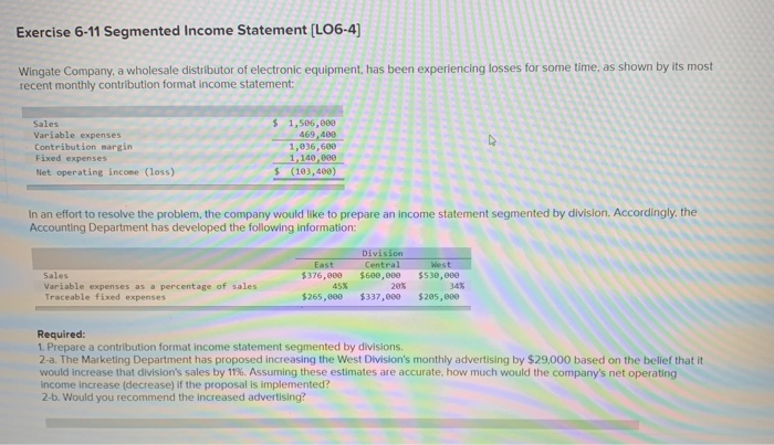 Solved Exercise 6-11 Segmented Income Statement (L06-4) bene | Chegg.com