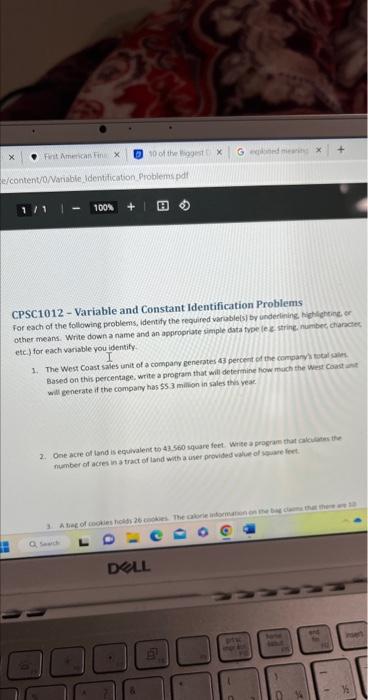Solved CPSC1012 - Variable and Constant Identification | Chegg.com