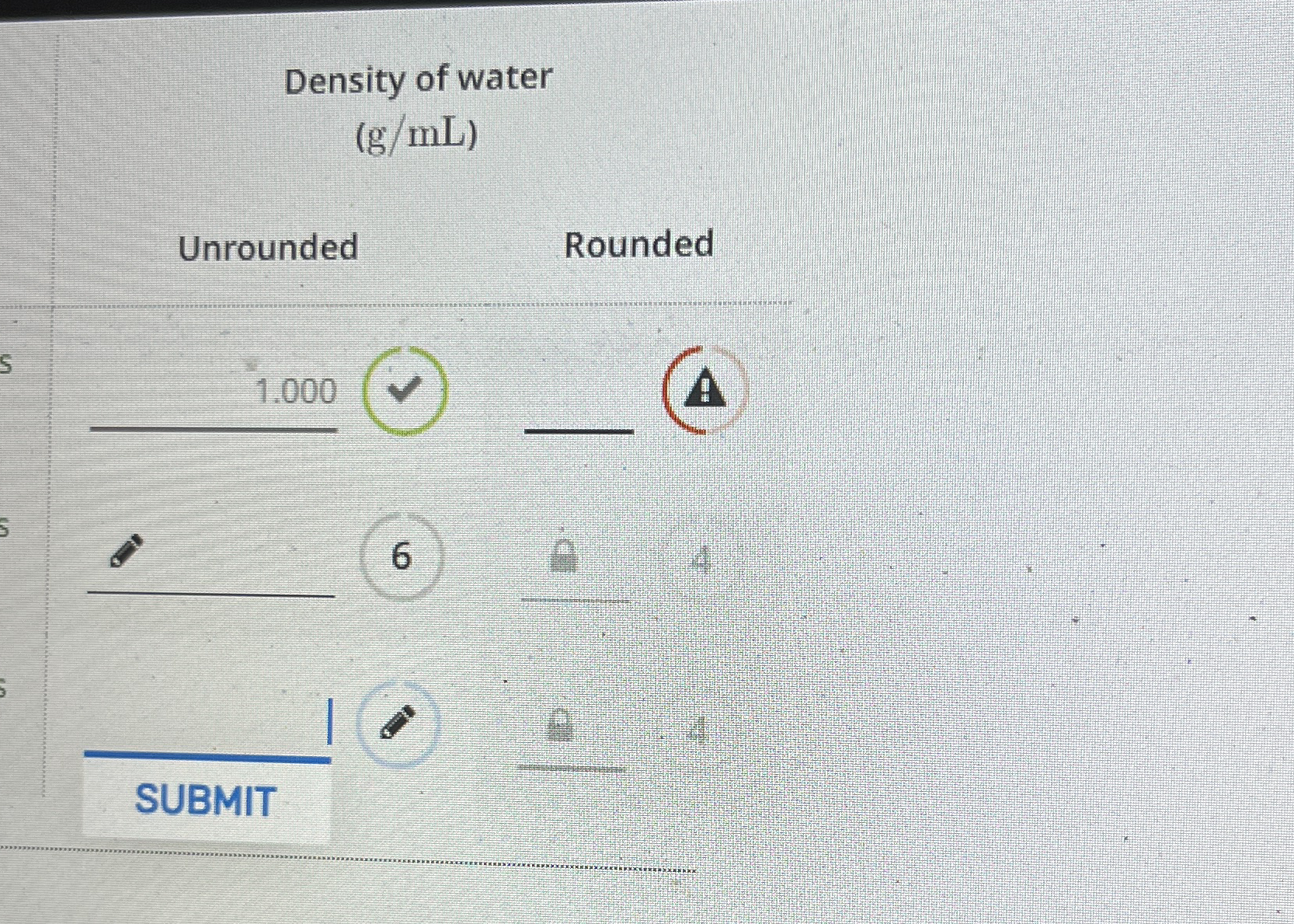 Density of water(gmL)UnroundedRounded1.00064 | Chegg.com