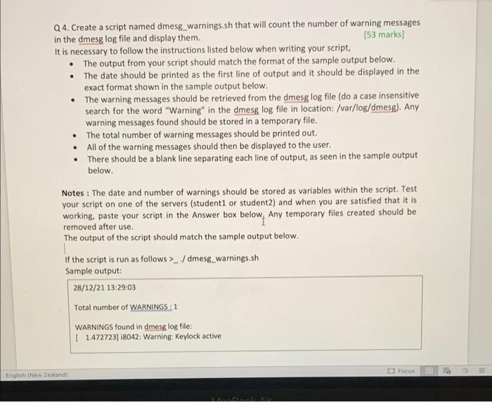 Solved a Q4. Create a script named dmesg_warnings.sh that | Chegg.com