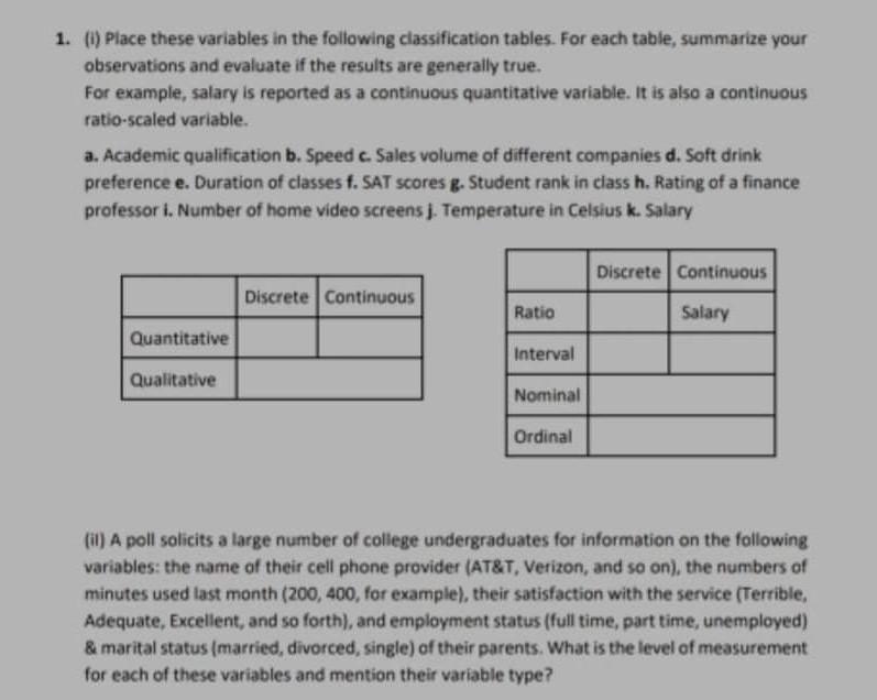 Solved 1. (1) Place these variables in the following | Chegg.com